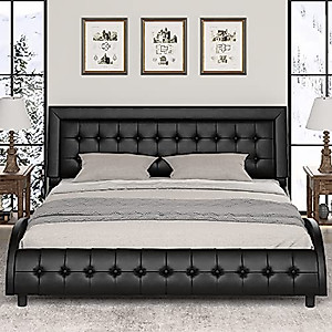 HOOMIC King Size Platform Bed Frame with Adjustable Headboard, Upholstered Bed, Mattress Foundation, Wood Slat Support, No Box Spring Needed, Easy Assembly, Black