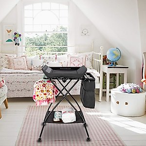 JOYMOR 2-in-1 Folding Baby Changing Table, Moblie Diaper Table for Infant, Portable Diaper Changing Station with Wheels, Large Storage Basket ＆ Shelf Portable Nursery Organizer