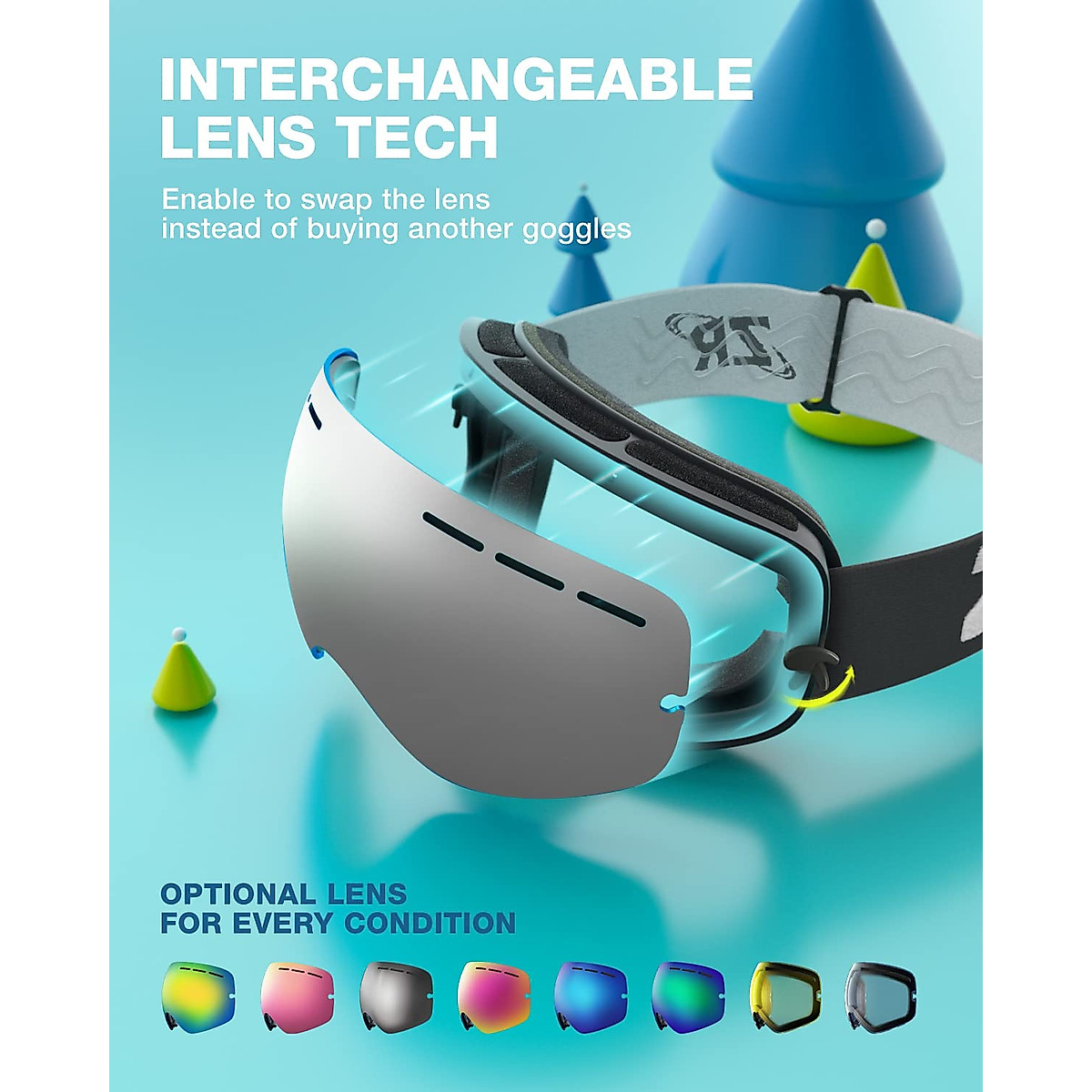 ZIONOR XMINI Kids Ski Snowboard Snow Goggles Detachable Lens UV Protection Anti-fog for Child Boys Girls Youth (VLT 7% Pink Frame Grey Revo Pink Lens)