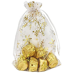 Jexila 100PCS Christmas Organza Bag 5''X7'' Snowflake Christmas Small Mesh Drawstring Gift Bags Christmas Party Favor Goodie Candy Treat Bags