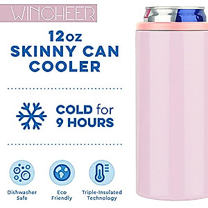 WinCheer 12 Oz Can Cooler with Reusable Straw, Double-walled Vacuum Stainless Steel Slim Can Holder for Beer Soda Beverage Energy Drinks Skinny Cans Sleeve (Pink)