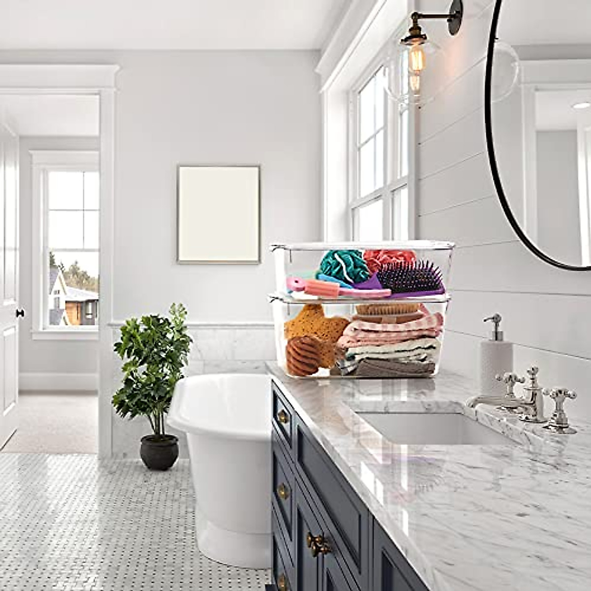 EZOWare 6 Pack Stackable Clear Refrigerator Organizer Bins with Lid, Narrow Plastic Storage Box Containers Ideal for Kitchen Cabinet, Pantry Organization, Fridge, Freezer - 2 Sizes