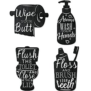 4 PCS Bathroom Wooden Wall Signs Wash Brush Floss Flush Sign Wall Decor Vintage Bathroom Wall Art Home Bathroom Laundry Room Decor, Black