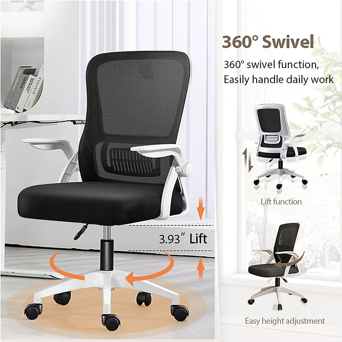 XUEGW Office Chair, Ergonomic Desk Chair Breathable Mesh Chair Swivel Chair with Flip-Up Arms and Lumbar Support Computer Chair for Home Office