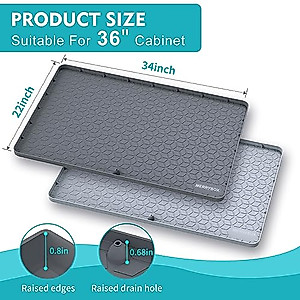 Under Sink Mat for Kitchen Cabinet Waterproof, 34" x 22" Silicone Under Sink Liner Protector Multipurpose, Under Sink Drip Tray Fits 36'' Cabinet, Thick Edge Cabinet Mat with Drain Hole- Dark Grey