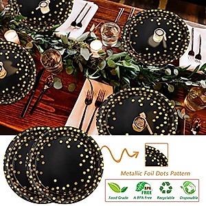 Birthdayparties Black and Gold Paper Plates 7 inch, Foil Polka Dots Disposable Paper Plates Golden Dots Party Supplies Plates 50 Pack
