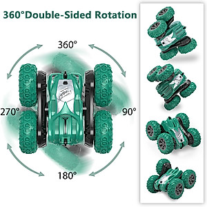 AFUNX Remote Control Car, RC Stunt Double Sided 360° Rolling Rotating Rotation Cars, High Speed Off Road Racing Truck for 6 7 8-12 Year Old Boy Kids Toy (Green)