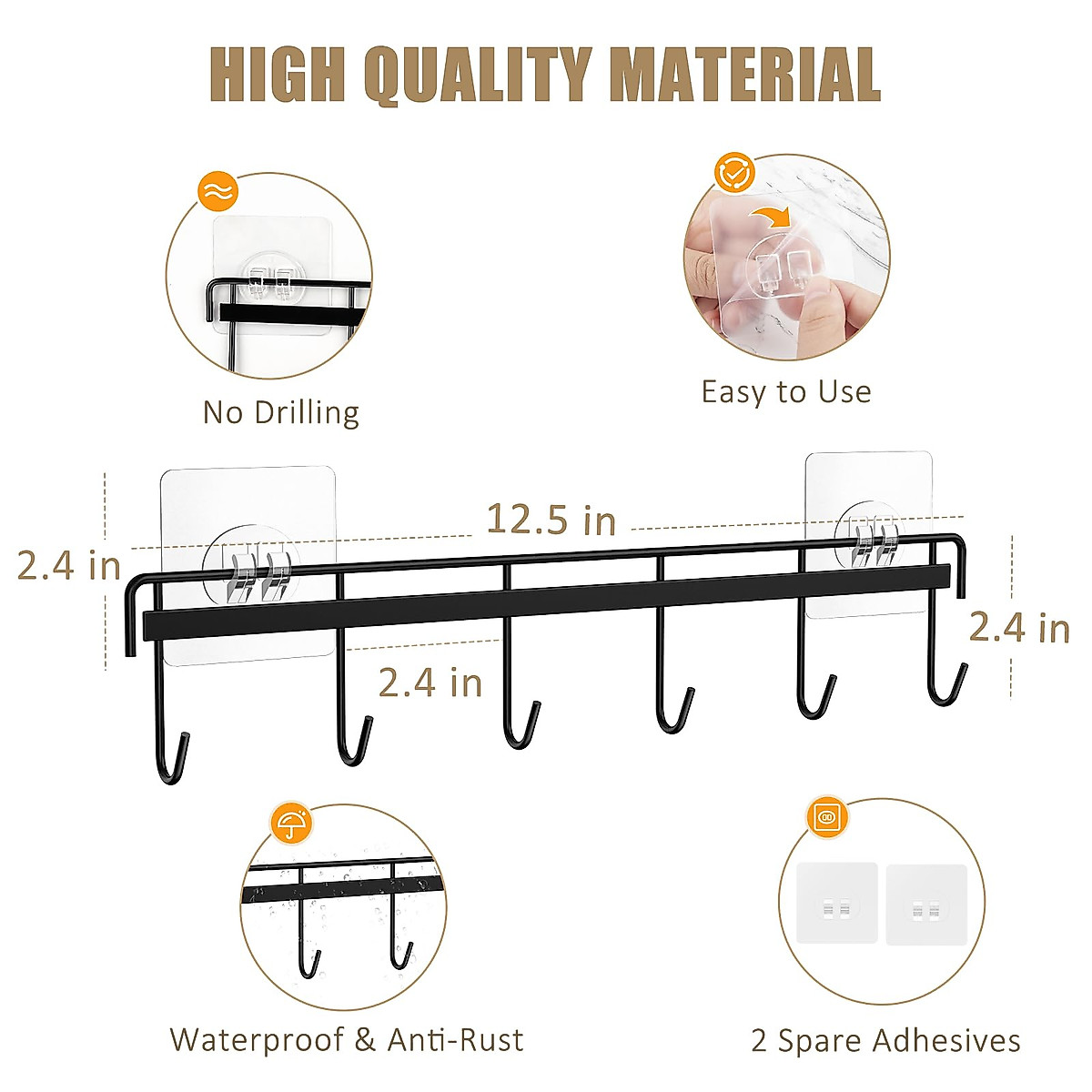 HOMEBROS Kitchen Utensil Rail Rack, 2 Packs Adhesive Utensil Rack Holder with 6 Hooks No Drilling Wall Mounted Hanger for Kitchenware Cups Mugs Towels - Black