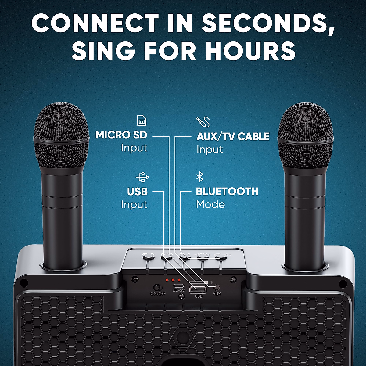 MASINGO Karaoke Machine for Adults and Kids with 2 Wireless Microphones, Portable Bluetooth Singing Speaker, Colorful LED Lights, PA System, Lyrics Display Phone Holder, and TV Cable. Presto G2 Black