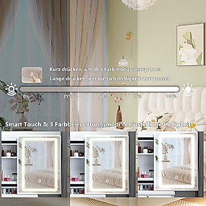 Vanity Desk, Makeup Vanity Desk with Sliding Mirror and Lights, Makeup Vanity Set with Drawers, Stool and Open Shelves, 3 Color Lighting Modes, Brightness Adjustable Dressing Table for Bedroom