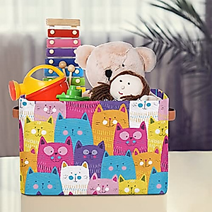 Rectangular Cats Baskets, Kitten Girls Storage Bins Kids Storage Basket with PU Leather Handles Cute Baskets Clothes Toys Box Books Baskets Gifts Baskets for Closet Shelf Nursery Bedroom 15x11x9.5 In