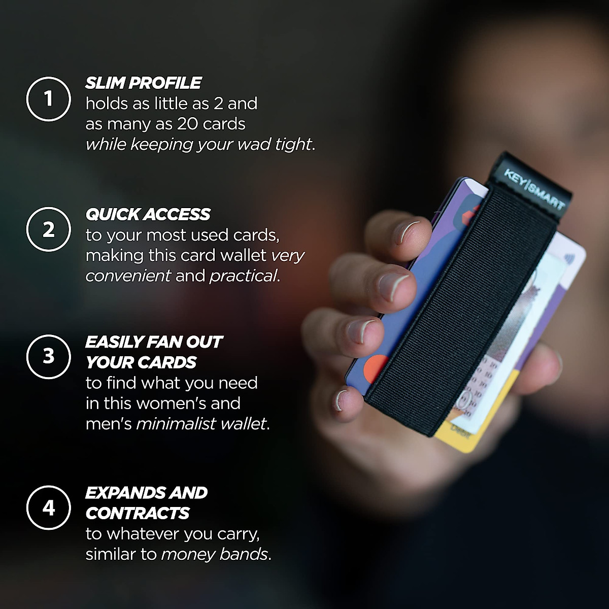 KeySmart - Elastic Wallet band to Keep Your Cards and Money More Secured - Stretchable and Minimalist Money Band for Men and Women - Rubber band Wallet for Cards, License, Cash (Black)