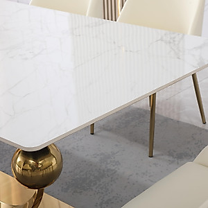 Voohek, Gold 71" Modern Sintered Stone Rectangular Dining Table with Unique C-Shaped Striped Pedestal Base and Anti-Collision Rounded Corner Design, for 6-8 People
