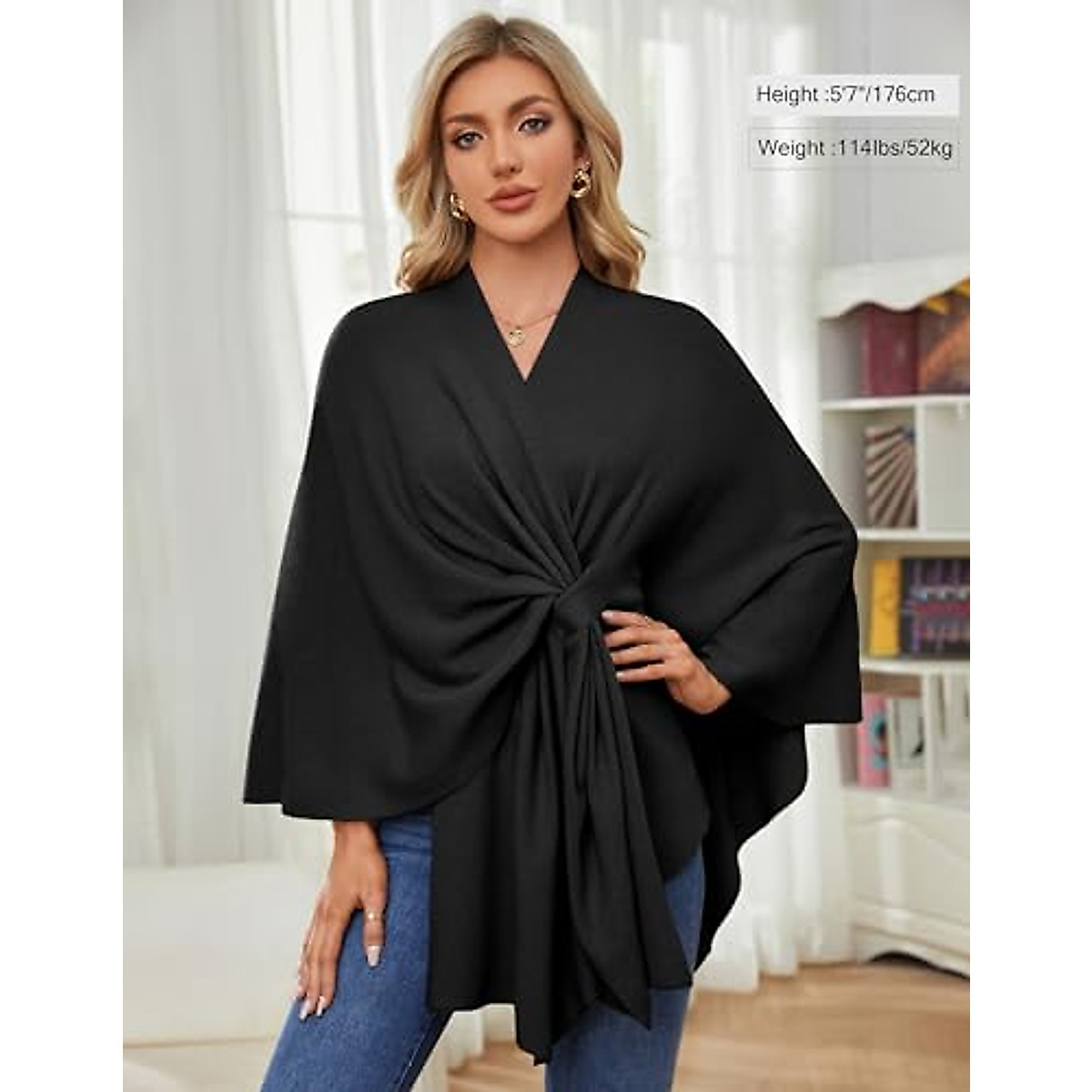 PULI Women's Elegant Shawl Wraps Soft Open Front Poncho Sweater for Spring Fall Winter Black