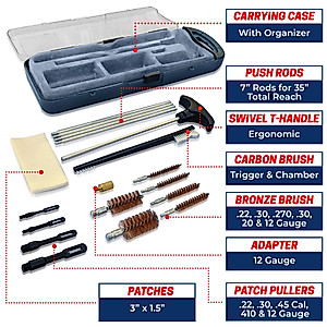 Pistol Cleaning Kit for Handguns, Rifles, & Shotguns - Comprehensive Maintenance for .22 .357 .38 9mm .45 - Compact Deluxe Clamshell Case with Bore Brushes & Jag Tools - Ultimate Firearms Protection