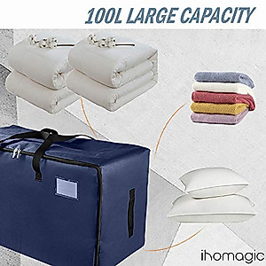 IHOMAGIC Extra Large Storage Bag with Carry Handles, Heavy Duty Storage Containers Clothes Organizers with Sturdy Polyester Fabric, Water Resistant Moving Bag for Bedding, House Moving ,Navy Blue, L