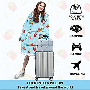 yescool Wearable Blanket Hoodie for Adult, Oversized Hoodies Sweatshirt for Women Packable Blanket Cozy Sherpa Blanket with Giant Hood Sleeves, Soft Fuzzy Big Hooded Blanket Men Gifts (Fries, Blue)