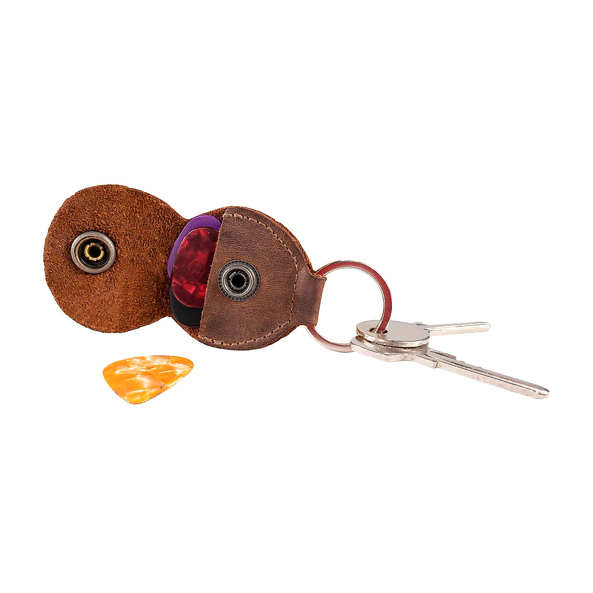 Hide & Drink, Guitar Pick Holder with Ring, Key Organizer, Keychain for Guitar Players, Full Grain Leather, Handmade, Bourbon Brown