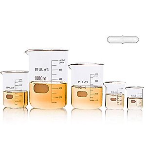 ULAB Scientific Glass Beaker Set with Magnetic Stir Bar Offered, 5 Sizes 50ml 100ml 250ml 500ml 1000ml, 3.3 Boro Griffin Low Form with Printed Graduation, UBG1002