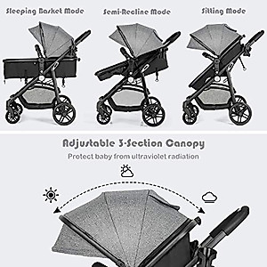 BABY JOY Baby Stroller, 2 in 1 Convertible Carriage Bassinet to Stroller, Pushchair with Foot Cover, Cup Holder, Large Storage Space, Wheels Suspension, 5-Point Harness (Gray)