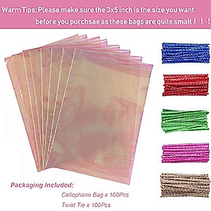 Morepack Easter Iridescent Holographic Cellophane Treat Bags,3x5 Inch Cake Pop Bags with Twist Ties, Lollipop Bags,100Pcs