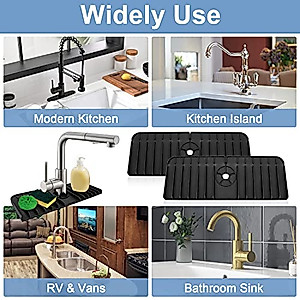 Silicone Faucet Handle Drip Catcher Tray, 2 Pack Silicone Faucet Mat for Kitchen Sink, Sink Splash Guard Behind Faucet, Faucet Drip Catcher to Keep Kitchen Clean and Dry 14.6''x5.4'' (Black)