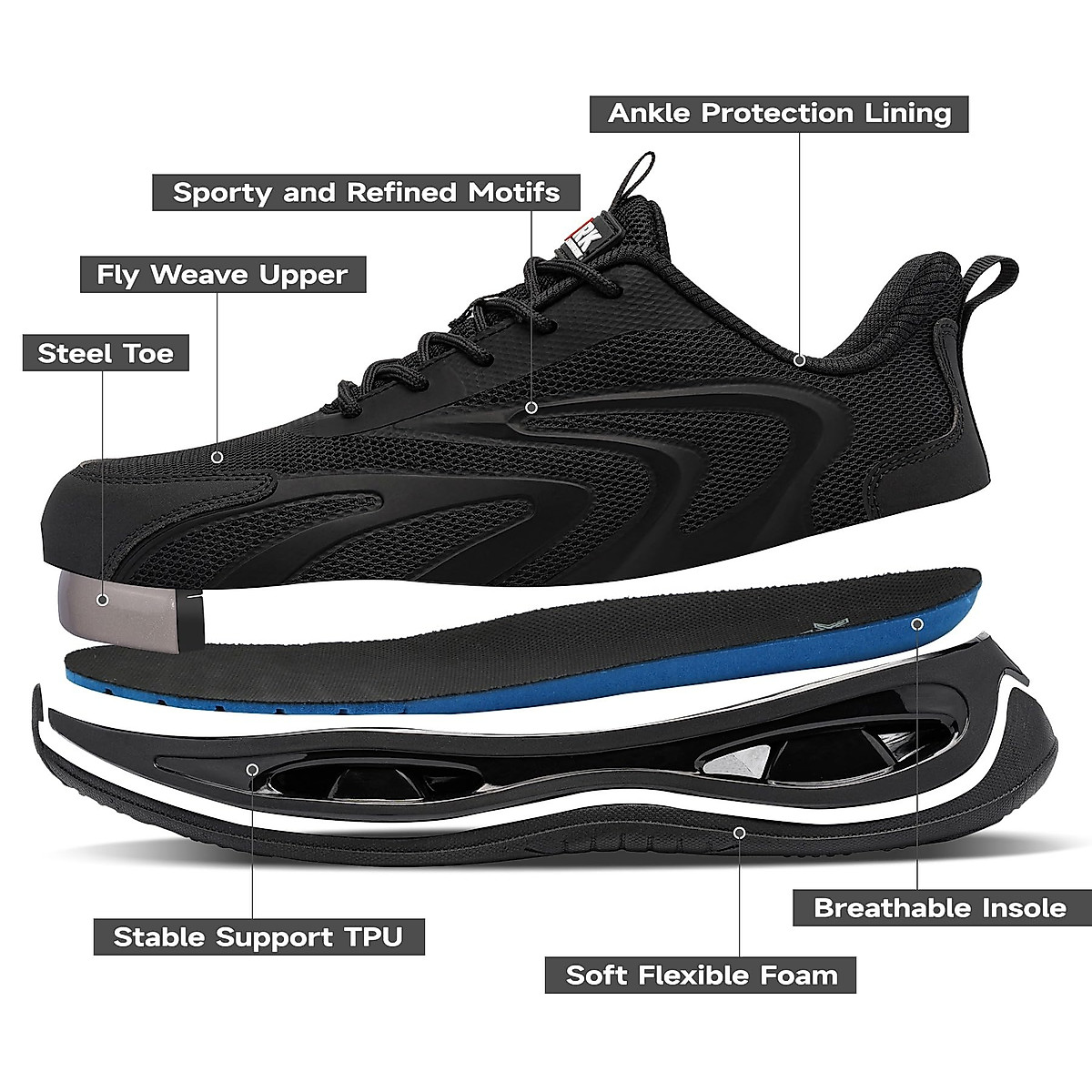 LARNMERN Steel Toe Shoes Men Breathable Work Sneakers Safety Lightweight Comfortable Tennis Shoe Indestructible Sneaker(10 Men, Black)