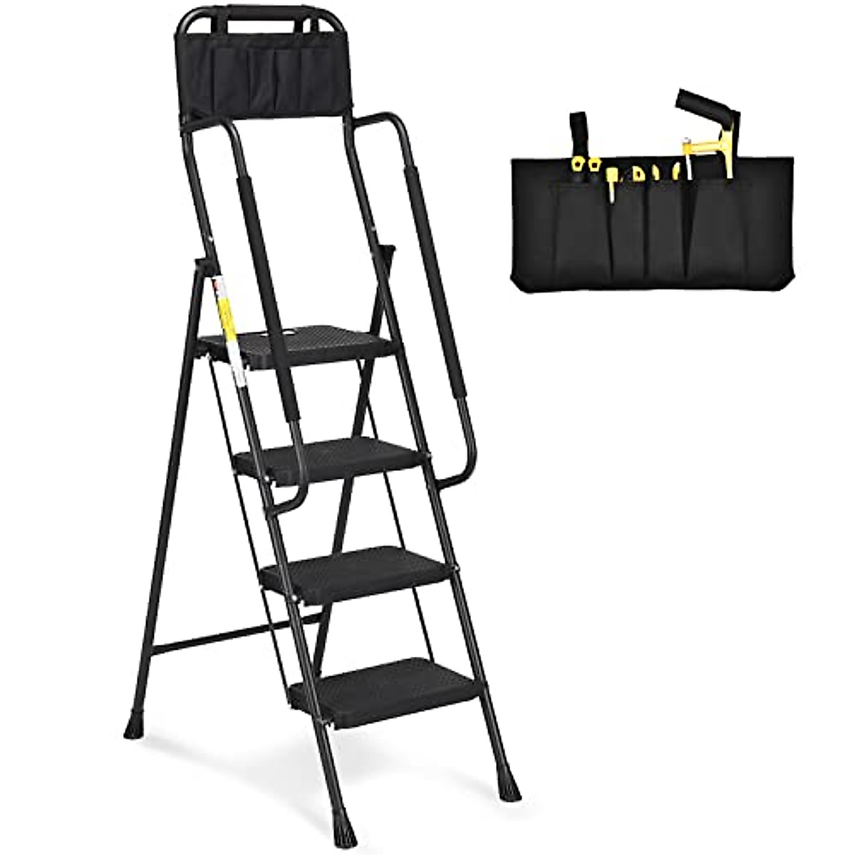 HBTower 4 Step Ladder with Handrails, Folding Step Stool with Attachable Tool Bag & Anti-Slip Wide Pedal for Home Kitchen Pantry Office, 330lbs Capacity Black