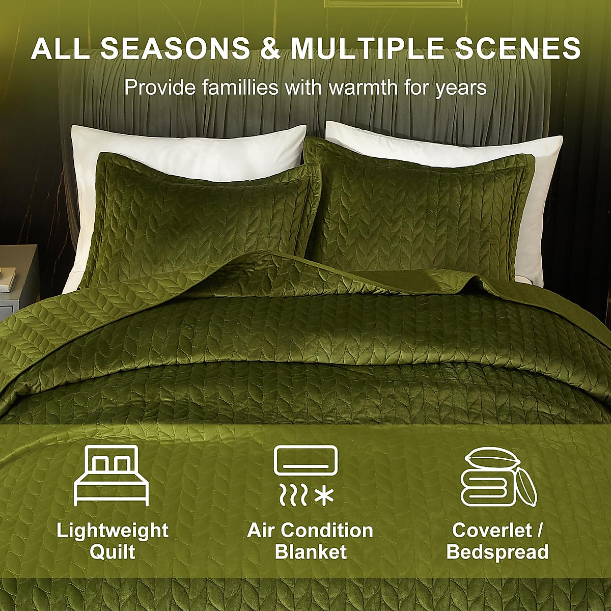 Ivellow Velvet Quilt Queen Size Green Lightweight Velvet Comforter Set Oversized Bedspread Coverlet Full for All Season 3Pcs Luxury Quilted Bedding