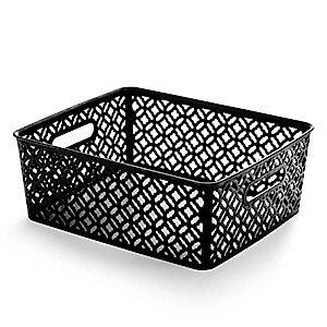 BINO l Plastic Storage Bins, Large - Black l THE BLOSSOM COLLECTION l Multi-Use Organizer Bin l Built-in Handles l Plastic Woven Basket for Organizing l Pantry Storage Basket l Home Organizing Basket