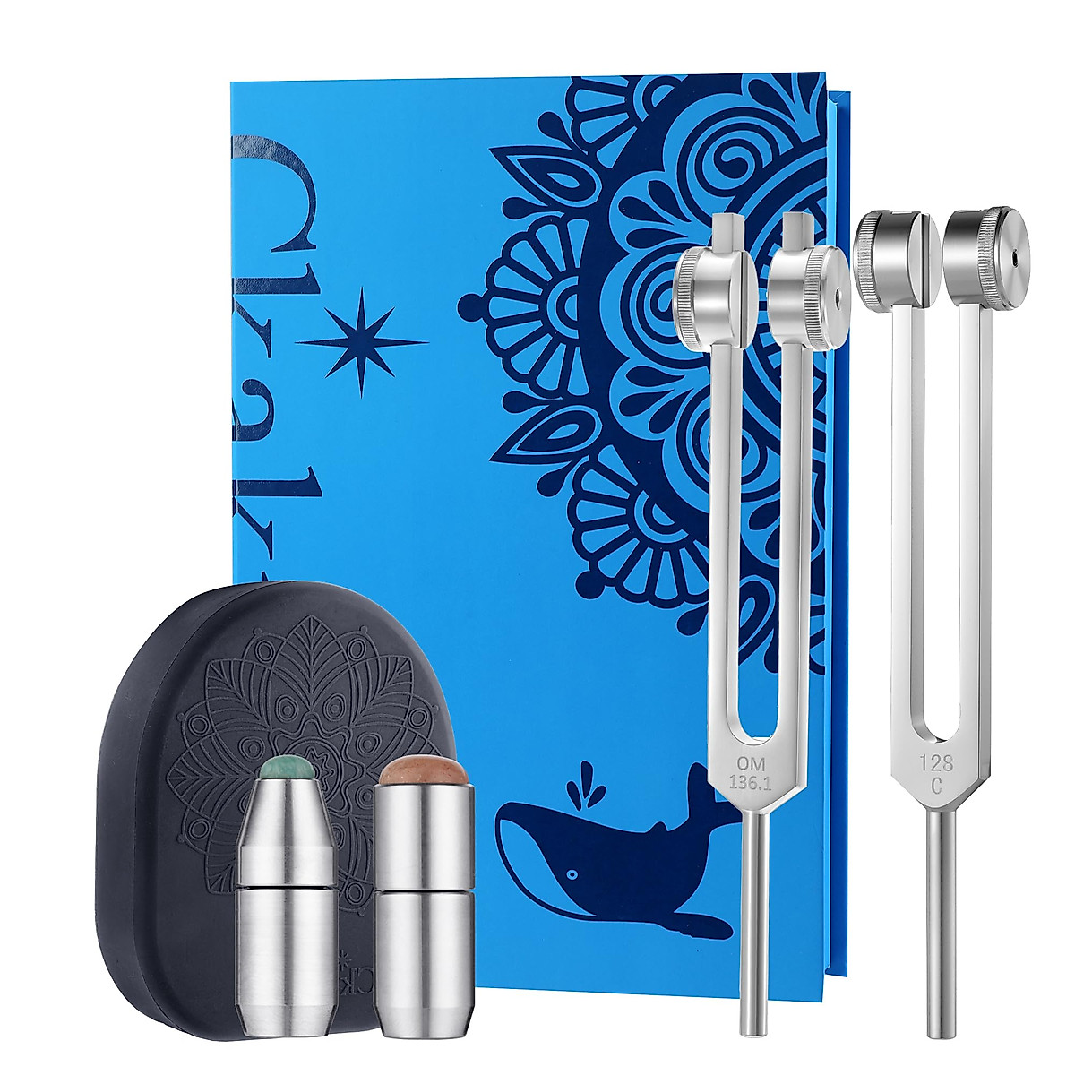 Ckakra Pack of 2 Weighted Tuning Forks with Natural Gemstone Trigger Point for Sound &Body Healing, OTTO128& OM136.1, Zen Tools,Odorless Silicone Activator