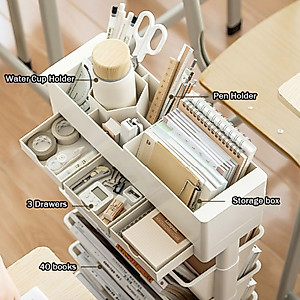 HACLEN 6 Tier Rolling Cart, Mobile Bookshelf with Wheels, Bookshelf Organizer with 3 Drawer,Storage Display Shelves, for Living Room, Kitchen,White