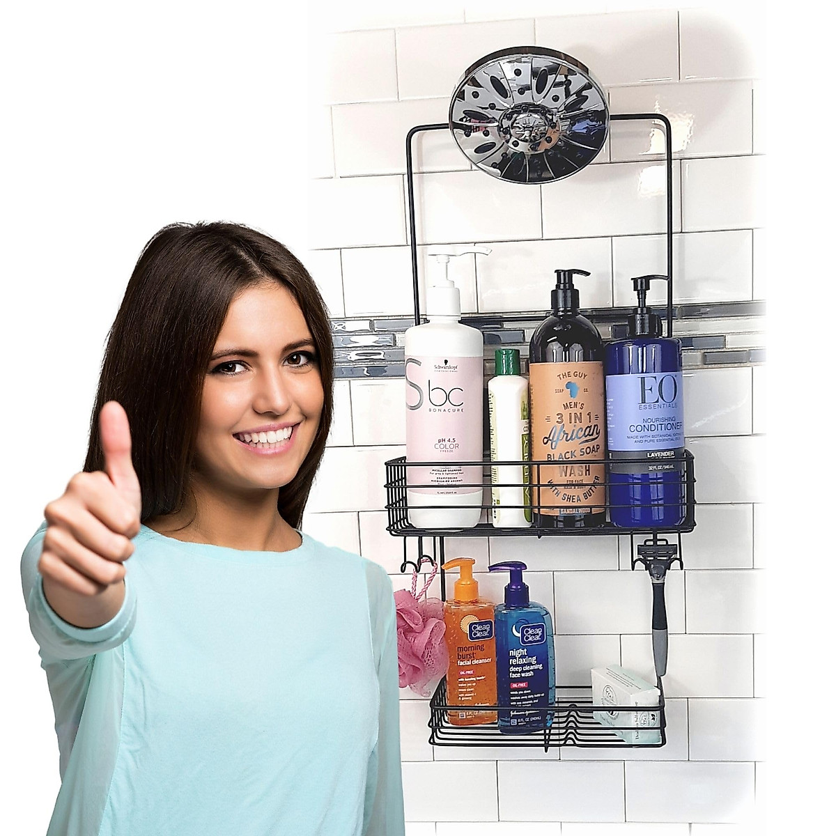 Gecko-Loc Extra Long Wide Adjustable Length over the showerhead hanging shower caddy organizer - for Shampoo, Soap, & Razors - Black