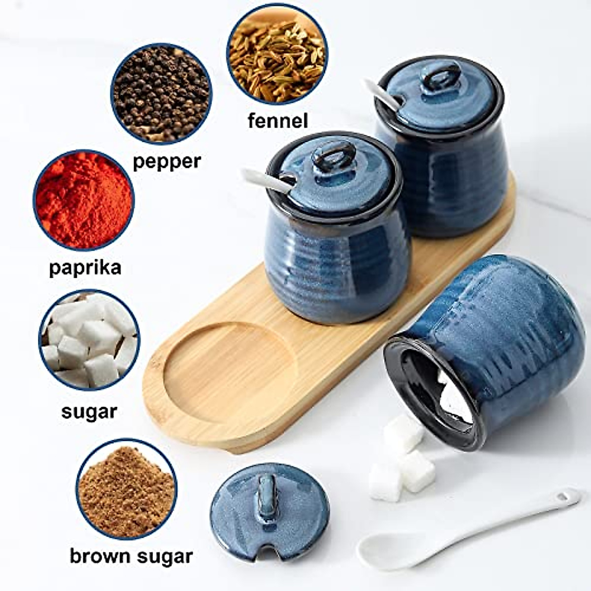 Hasense Porcelain Condiment Jar,10oz Spice Container with Lid Spoon and Bamboo tray,Small Salt Sugar Pepper Seasoning Pots Box Set of 3,Ceramic Condiment Container for Home kitchen Counter（Blue）
