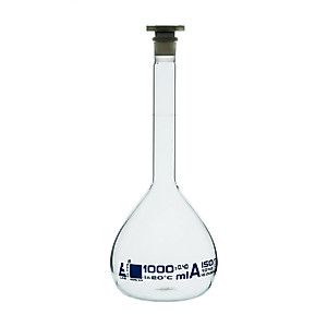 EISCO Volumetric Flask, 1000ml - Class A - 24/29 Polyethylene Stopper, Borosilicate Glass - Blue Graduation, Tolerance ±0.400