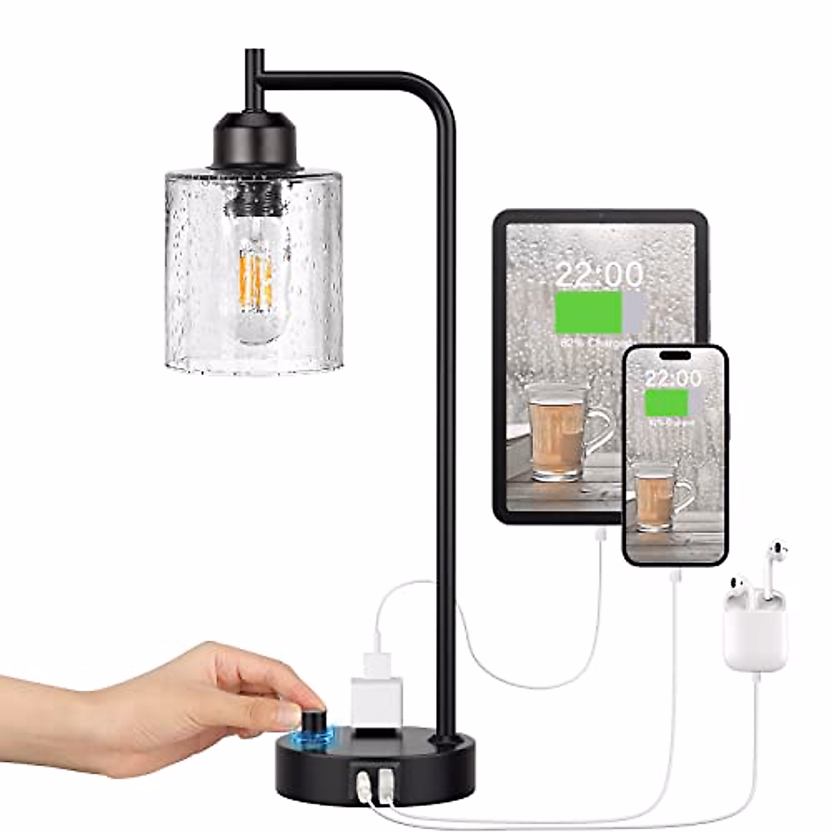 Industrial Bedside Table Lamp for Bedroom - Nightstand Lamps with USB C Charging Port, Fully Dimmable Black Lamps with USB Ports and Outlets, Small Desk Lamp with Glass Shade for Office Living Room