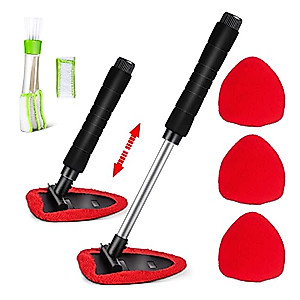 Almcmy Windshield Cleaner Tool, Microfiber Car Window Cleaner with 3 Reusable Microfiber Pads and 1 Air Vent Cleaner, Extendable Handle Car Window Brush Kit for Interior Exterior Use Car Cleaning, Red