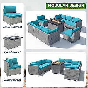 EAGLE PEAK 9 Piece Outdoor Wicker Patio Furniture Set with Fire Table, PE Rattan Sectional Conversation Sofa Set with Seating for 8 People, Light Blue