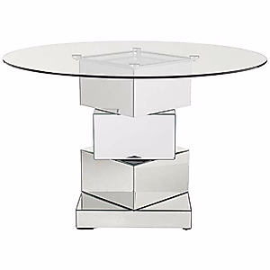 Meridian Furniture Haven Collection Modern Contemporary Mirrored Dining Table with Round Tempred Glass Top, 50" W x 50" D x 31.5" H