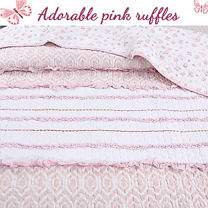 Cozy Line Home Fashions Pretty in Pink Girly Ruffle Stripped 100% Cotton Reversible Quilt Bedding Set, Coverlet, Bedspread (Pink Princess, Twin - 2 Piece: 1 Quilt + 1 Sham)