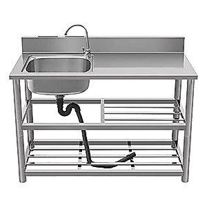 Stainless Steel Kitchen Sink Catering Sink Single Bowl Compartment Workbench Sink with Workbench and Storage Shelves with Faucet for Garage Commercial Restaurant Kitchen Laundry Room. (Color : Hot an