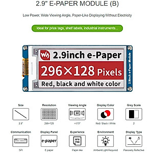 waveshare 2.9inch e-Pape Display Module for Raspberry Pi 4B/3B+/3B/2B/Zero/Zero W/PIZero 2 W/WH/Jetson Nano/forArdui/Nucleo, 296×128 Pixels Red Black White Three Color SPI E-Ink Screen Full Refresh