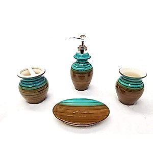 Empire Home Two-Tone 4-Piece Bathroom Accessory Ceramic Set - Lotion Dispenser/Tumbler / Toothbrush Holder/Soap Dish (Brown & Blue)