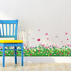 Amaom® Removable Beautiful Nursery Pink Butterfly Flowers Baseboard Wall Decals Murals Home Art Decor Peel Stick Wall Stickers for Wall Corner Kids Room Bedroom Living Room Decorations