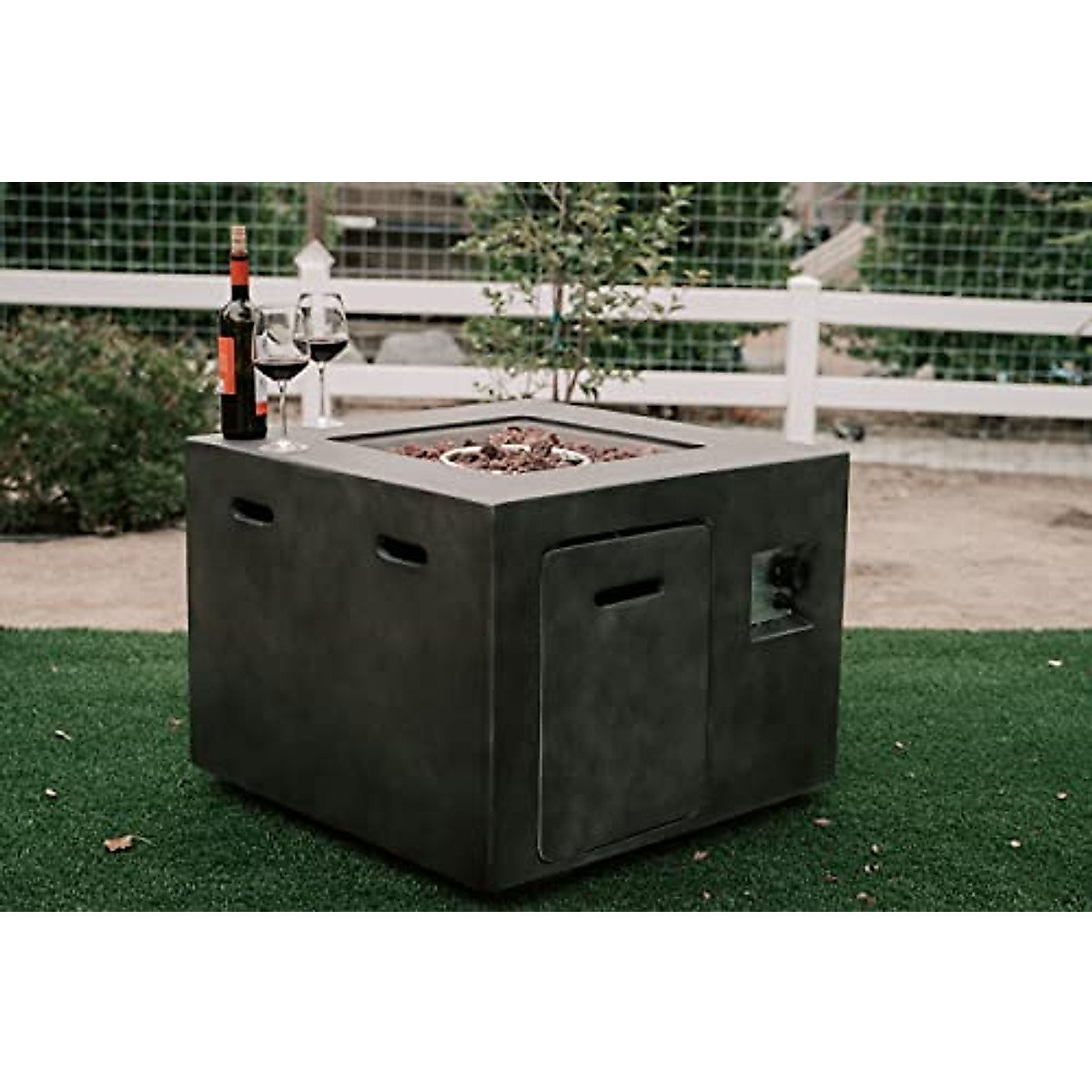 XBrand MgO & Metal 40,000 BTU Outdoor Propane Gas Smokeless Square Fire Pit Table with Volcanic Rocks & Rain Cover, 30 inch Wide, Gray