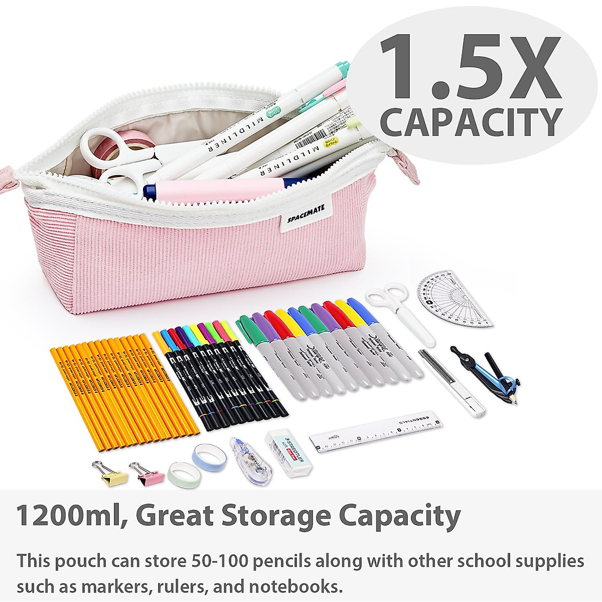 SPACEMATE Pencil Case Pouch Bag School Supplies for Girls, Cute Aesthetic Corduroy Pen Case, Simple Large Big Capacity Zipper Stationery Bag for Women Teen Adults, Pink, 1200ml