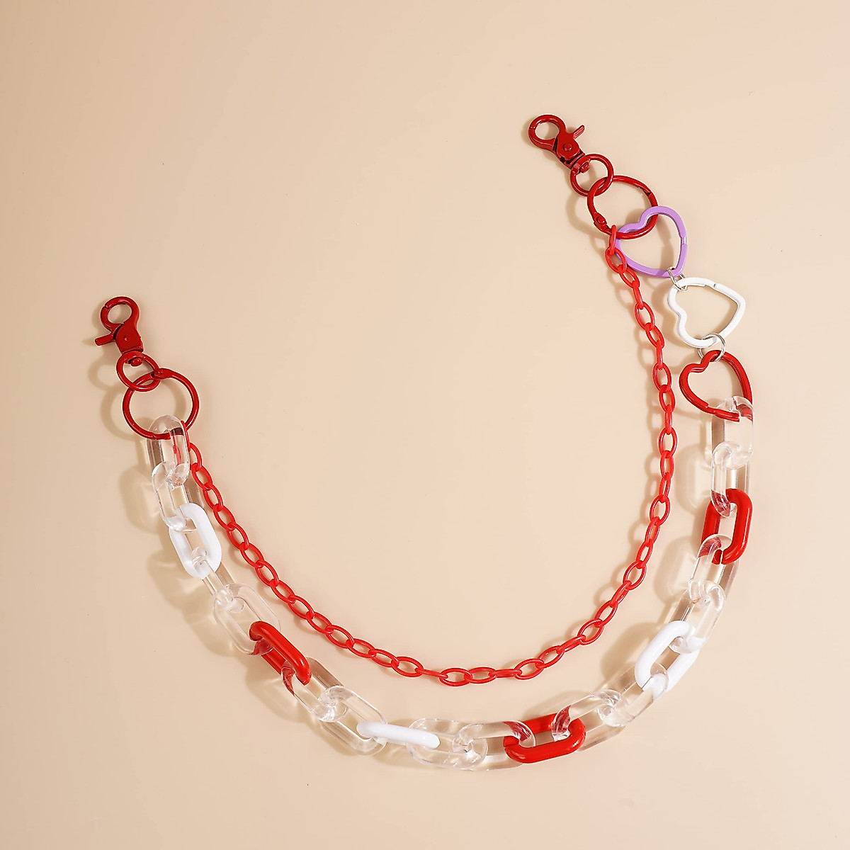 YERTTER Layered Acrylic Color Pants Chain Gothic Chunky Chain Jeans Chain Long Chain Pendant Heart Circle Ring Pocket Chain Hipster Chunky Thick Wallet Pocket Keychains Belt Waist Chain Women Men (Red)