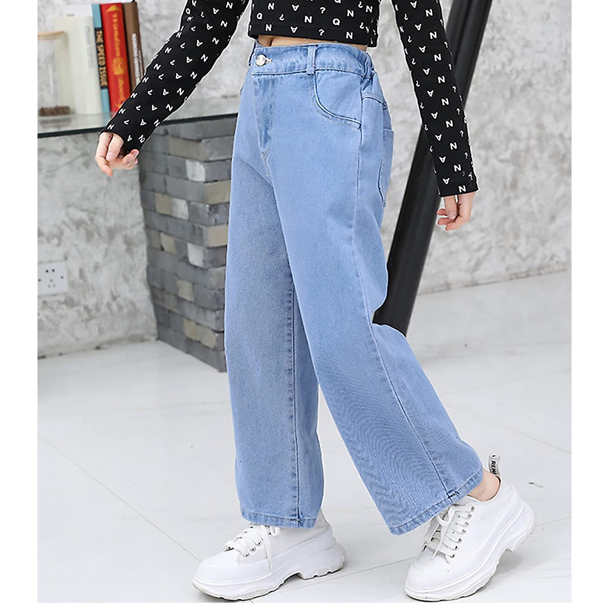 Milokado Big Girls Kids Jeans Casual Elastic Waist Wide Leg Demin Pants Size 5-13 Years (Blue Z, 12-13 Years)