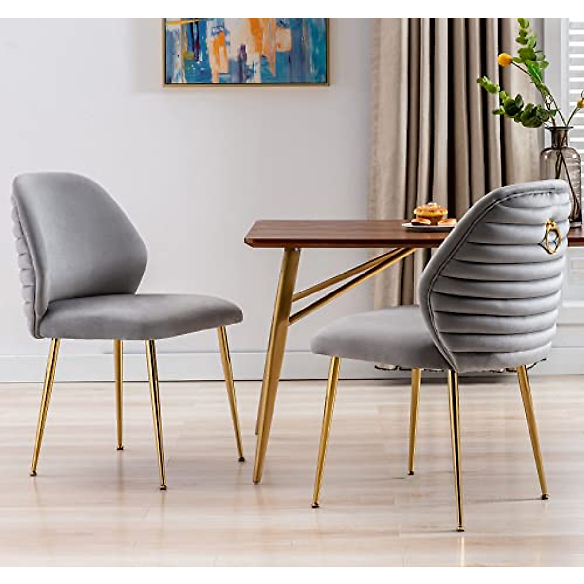 Guyou Grey Velvet Dining Chairs Set of 2, Modern Upholstered Dining Room Chairs Tufted Armless Side Chair with Gold Legs and Ring Pull for Kitchen Living Room Bedrooms Vanity (Grey)
