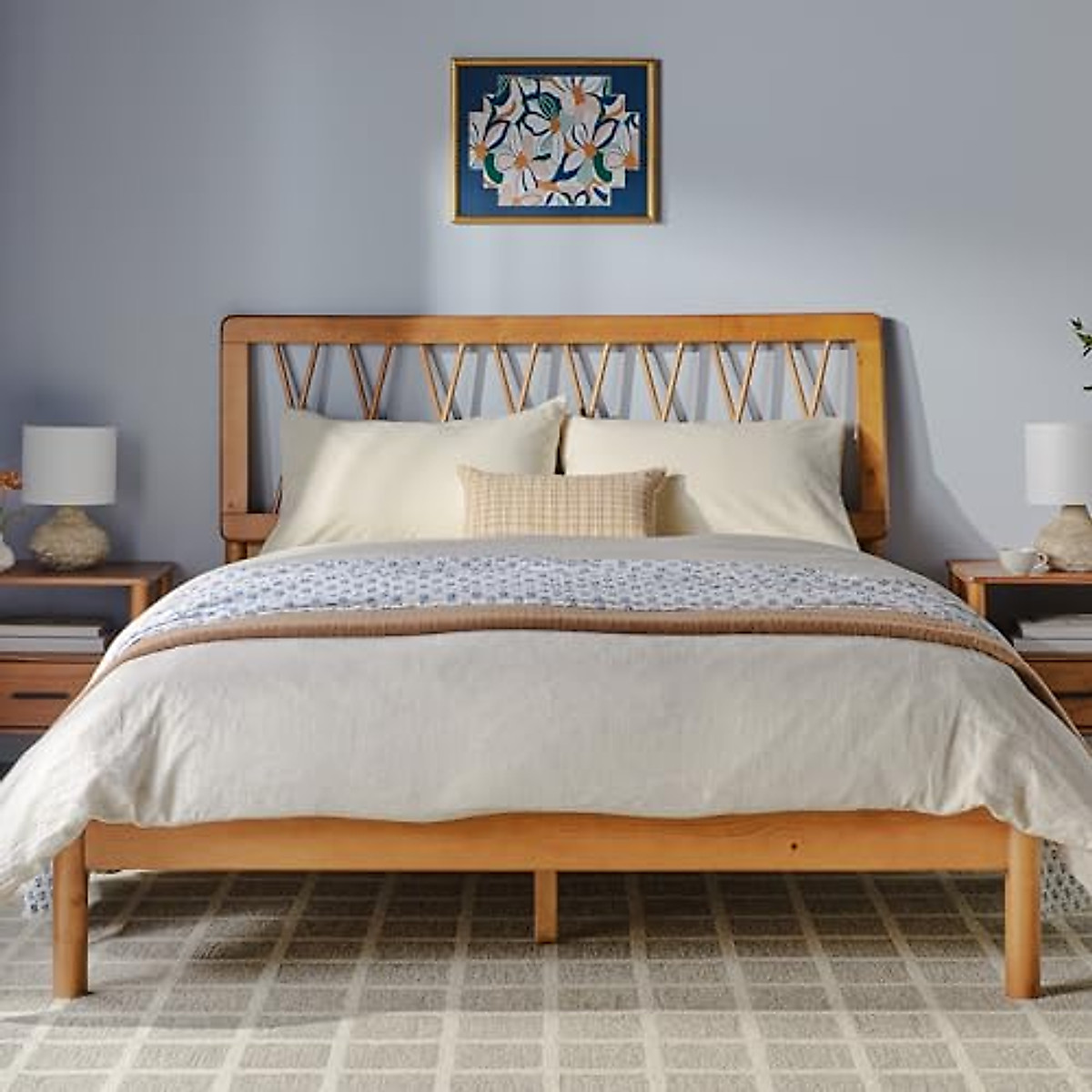 Walker Edison Queen Transitional Geometric X Pattern Headboard Solid Wood Bed, Queen Size, Caramel
